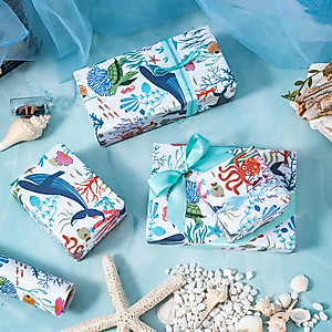 LeZakaa Ocean Wrapping Paper Roll - Cartoon Design of Ocean, Whale, Turtle, Sea Creature for Birthday, Baby Shower, Holiday Party for Boys Girls Kids - 17 inches x 32.8 Feet (46.45 sq.ft.)