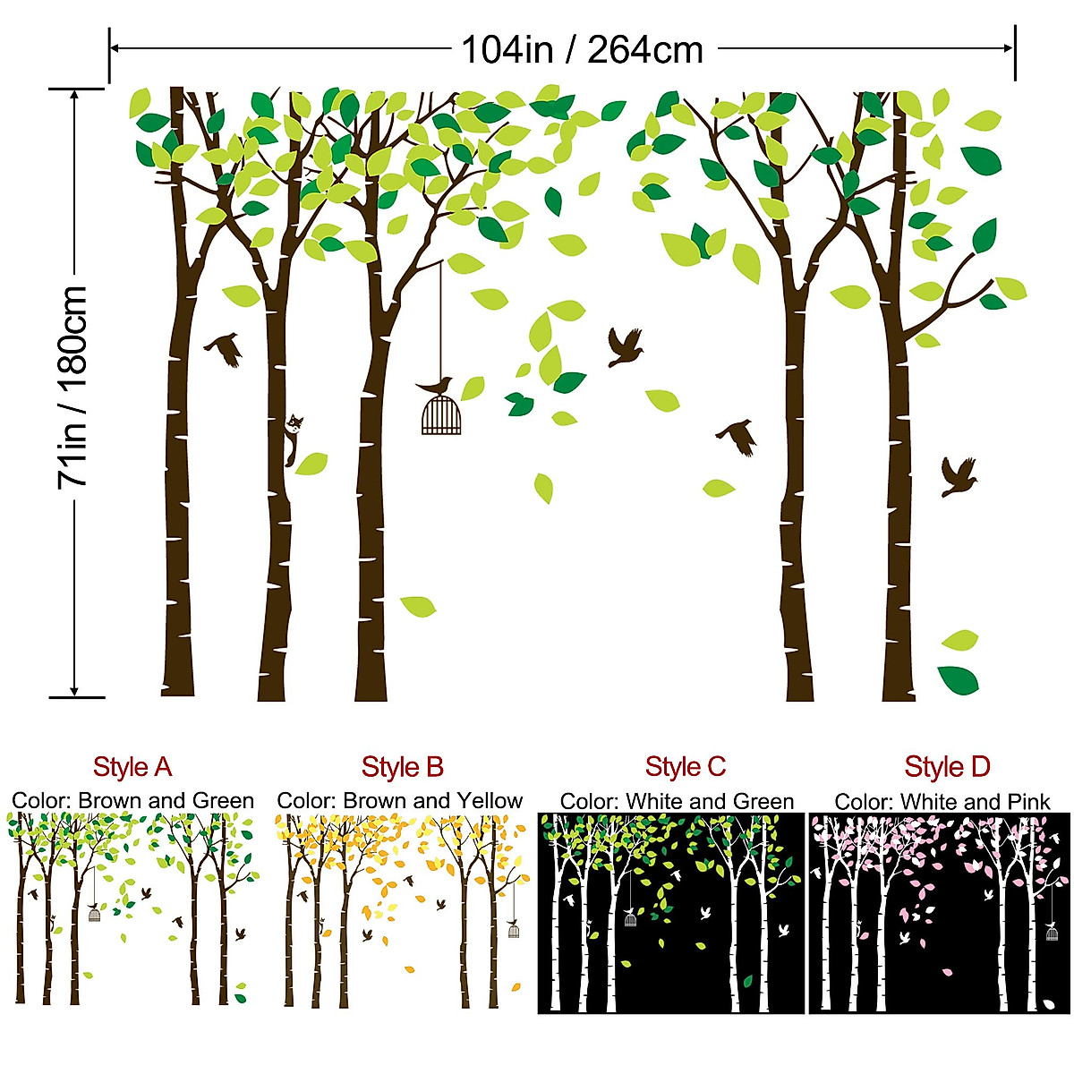 264 X 180cm Large Jungle Tree Wall Decals Cartoon Big Family Forest Tree Wall Stickers DIY Removable Green Leaves Fly Birds Wall Murals Decor for Kid Bedroom Nursery Living Room Office Home Decoration