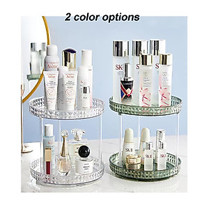 ANNIYA 2 Tier 9.25 Inch Rotating Bathroom Counter Organizer, Makeup Organizer, Clear Standing Vanity Organizer Shelf for Bathroom Storage Organization, Kitchen (Diamond Clear Green)