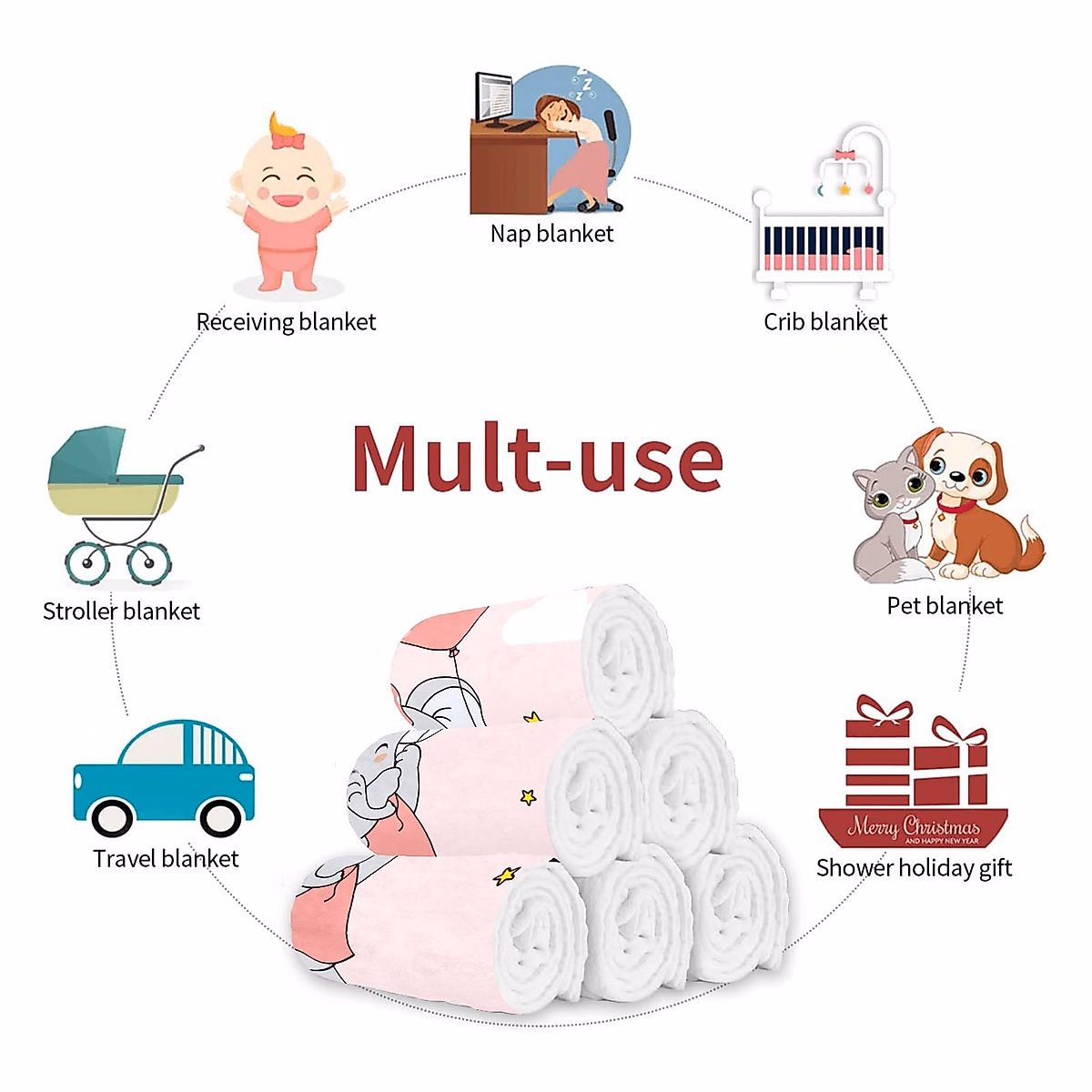 Elephant Flying Balloon Personalized Monogramed Baby Shower Blanket for Baby Girl Boy, Custom Name Soft Warm Newborn Throw Blanket 30X40 in