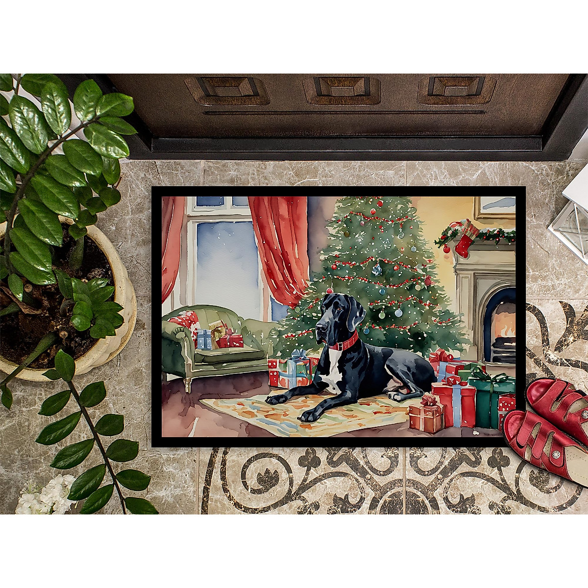 Caroline's Treasures DAC2669MAT Great Dane Cozy Christmas Doormat Front Door Mat Indoor Outdoor Rugs for Entryway, Non Slip Washable Low Pile, 18H X 27W