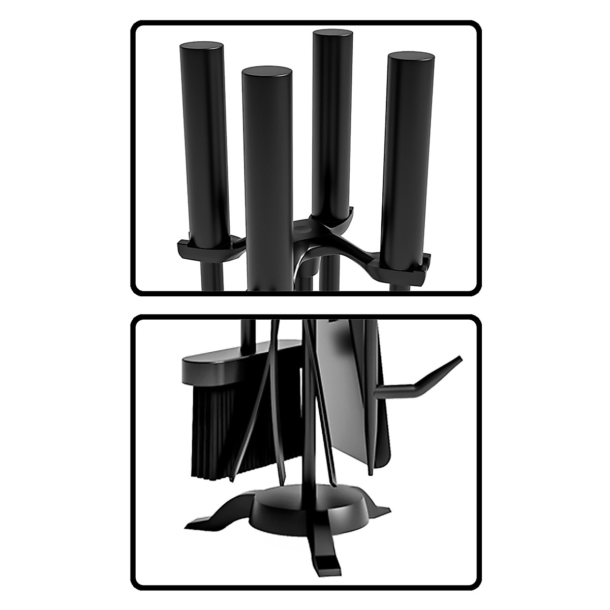 CALIDOLA Wrought Iron Fireplace Tools with Chimney Poker, Tongs, Shovel, Brush and Stand Hearth Accessories Set,Black Fireplace Companion Set