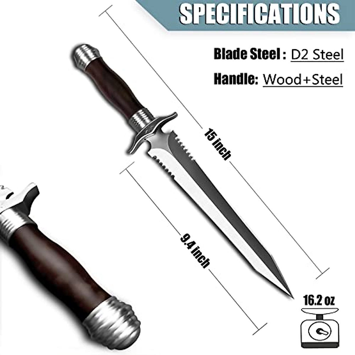 MADSABRE Fixed Blade Hunting Knife Saber with Leather Sheath, 15 Inches Outdoor Survival Tactical Knives, Double Edged Serrated Dagger Wood Handle