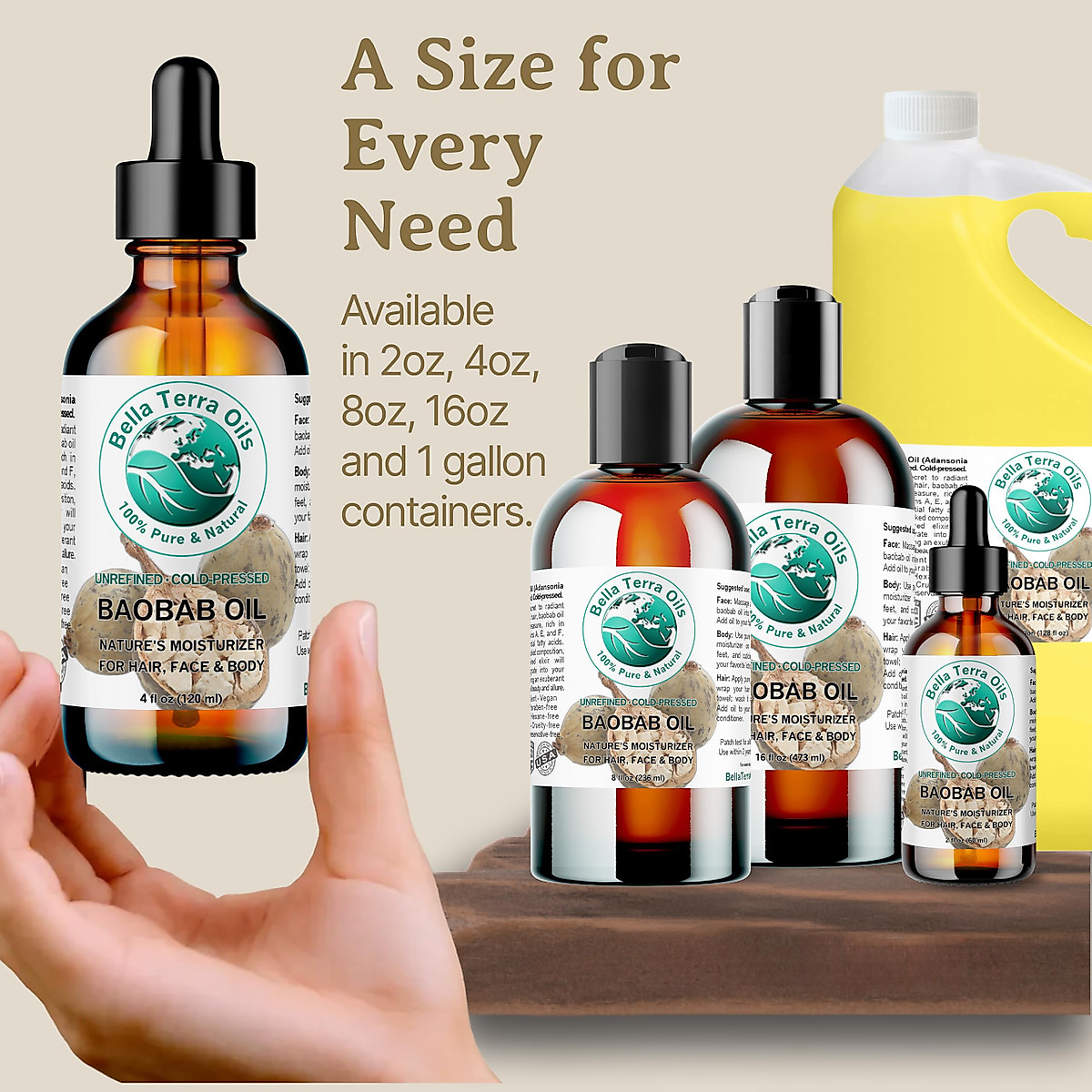 Bella Terra Oils - Baobab Oil 2 oz - Cold-Pressed Purity, Rich in Vitamin C & E, Omega-3, 6, 9 Fatty Acids, Ultimate Elixir for Nourished, Radiant Skin