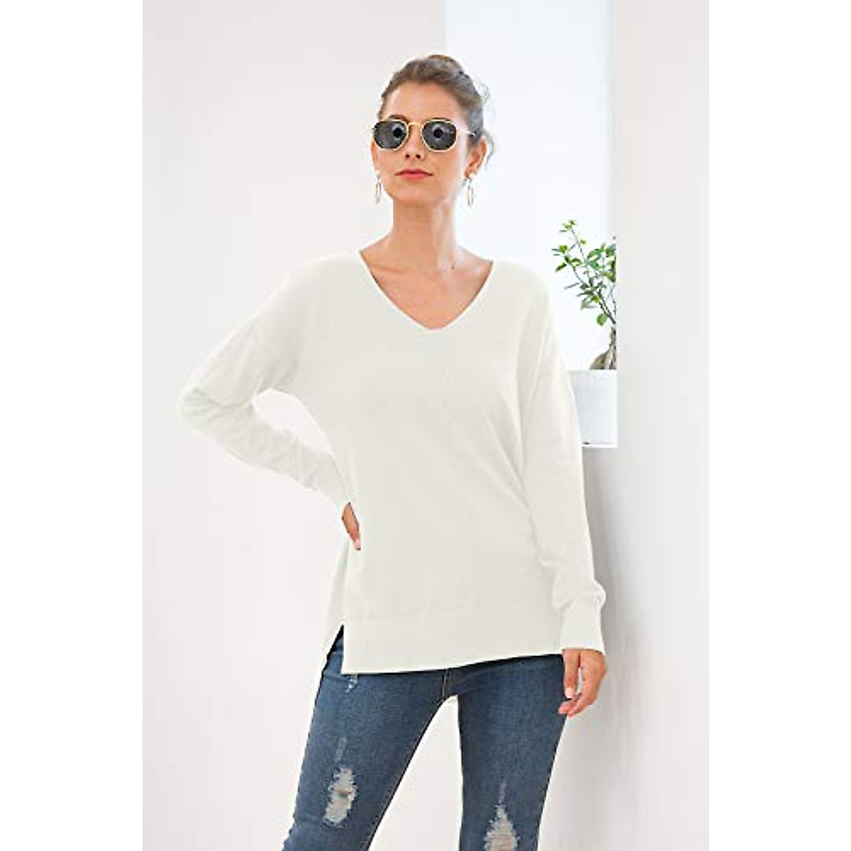 Jouica Women's Casual V Neck Long Sleeve Knit Top Loose Pullover Sweater,Beige White,Large