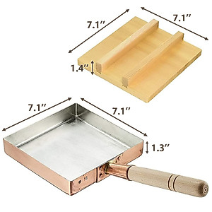 TIKUSAN Japanese Tamagoyaki Pan Omelets Copper Pan with Wooden Lid Made in Japan Square Frying Pan for Eggs 7.1 inch (18×18 cm)