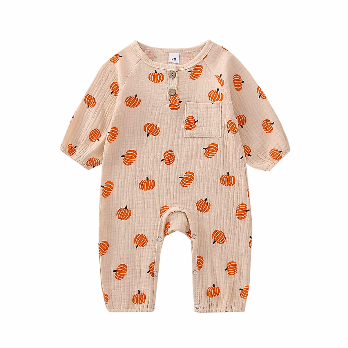 FIOMVA Newborn Baby Girl Boy Halloween Outfit Pumpkin Long Sleeve Romper Onesie Cotton Linen Jumpsuit Fall Winter Clothes (Pumpkin-Beige,0-3 Months)