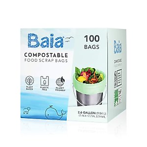 Baia Compostable Food Scrap Bags, ASTM D6400 BPI, 2.6-3 Gallon, Extra Thick 0.79 Mils, Small, Kitchen Waste Trash, Countertop Compost Bin Liners (100 Ct)