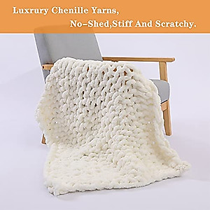 Chunky Knit Throw Blanket Soft Luxury Chenille Yarn Blanket for Farmhouse Boho Decor,Handmade Tight Braided Thick Cable Knit Throw for Bed,Couch,Beige,50x60.