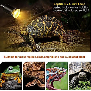 KABASI Reptile Heat Lamp, Basking Spot Lamp with Clamp, UVA + UVB Full Spectrum Sun Lamp with 360°Rotatable Clips and Dimmable Switch, 25W+50W Heating Light Lamp for Lizard Turtle Snake Amphibian