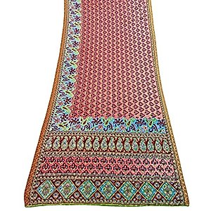 Peegli Women's Vintage Red Floral Saree Indian Crepe Silk Sari 5 Yards DIY Fabric