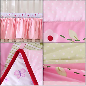 VIVILINEN Pink Ladybird Baby Crib Bedding Set for Girls 3 Pieces Bird Flowers Infant Toddler Nursery Comforter Sets with Crib Quilt Baby Blanket Fitted Sheet Crib Skirt for Standard Size Crib