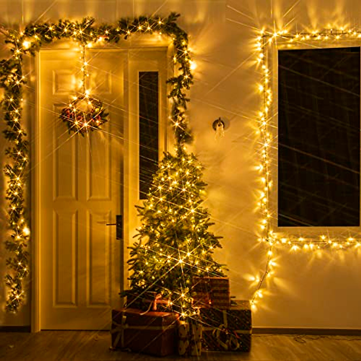 PABIPABI Christmas Tree Lights Warm White, 2 Pack 200 Led Outdoor Christmas Lights for House, 66ft Waterproof Christmas String Lights Plug in with 8 Modes for Bedroom Indoor & Outdoor Decor(2 Pack)