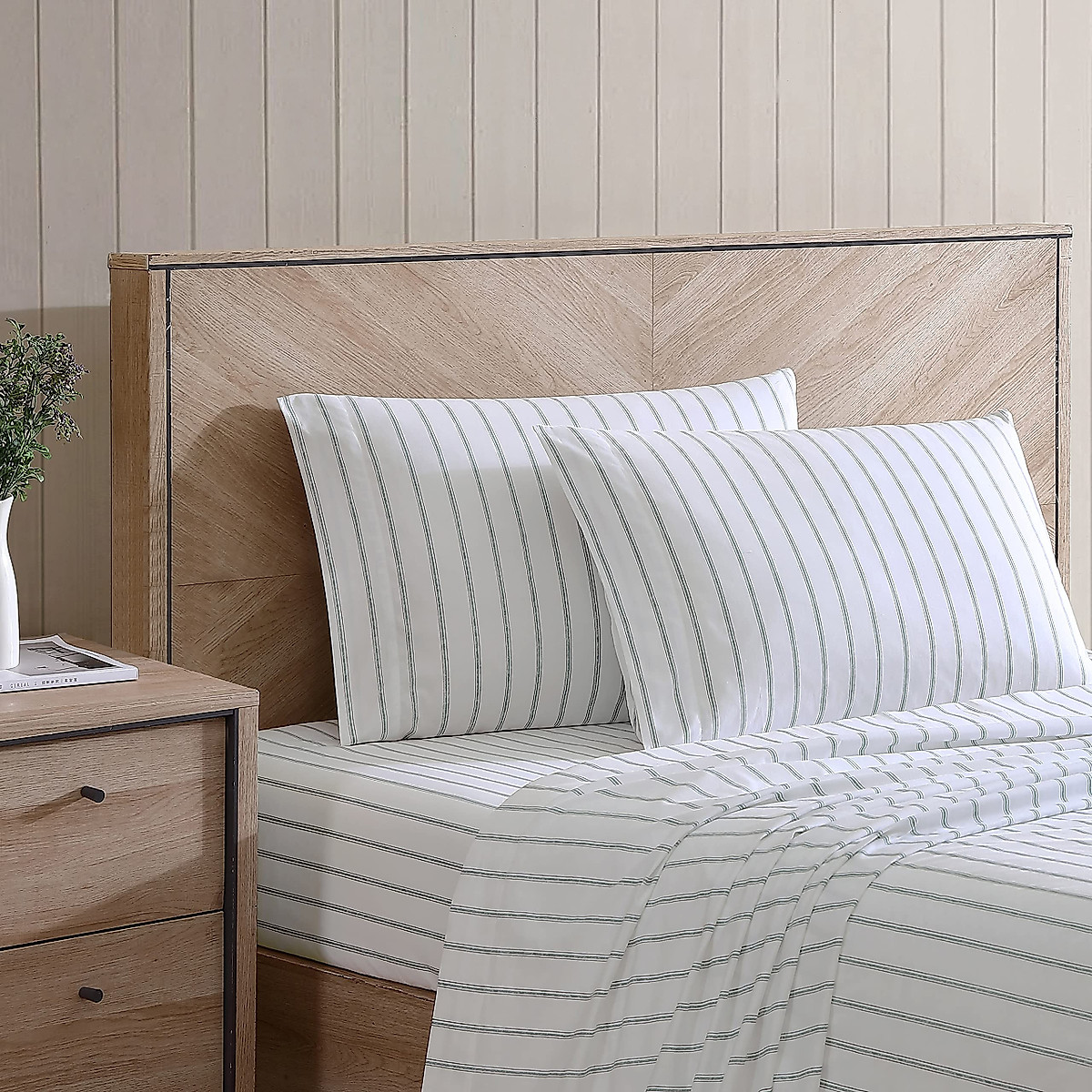 Stone Cottage - Full Sheets, Cotton Percale Bedding Set, Crisp & Cool Home Decor (Trenton Stripe Green, Full)