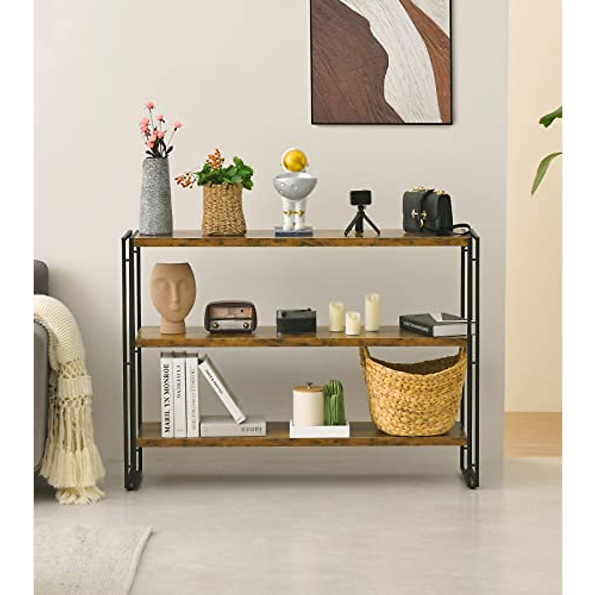 Bookshelf,3-Tier Open Bookcase,Rustic Wood and Metal Industrial Display Book Shelves Home Office,Bedroom Standing Shelf Unit,Horizontal Kitchen Shelf Organizer,Bathroom Storage Rack Mid Century 40in