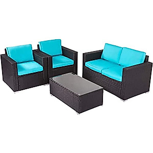 Zurssar 4 Piece Outdoor Patio Furniture Sets PE Rattan Wicker Sectional Sofa Couch Patio Conversation Set with Glass Coffee Table for Backyard Garden Poolside