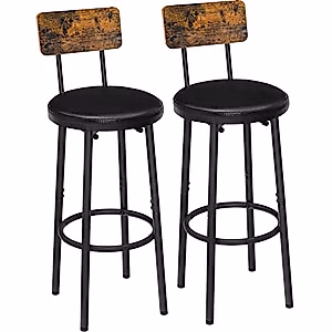 HOOBRO Bar Stools with Backrest, Set of 2 Bar Chairs, Counter Stools with PU Upholstery, Breakfast Stools with Footrest, for Kitchen, Living Room, Bar, Rustic Brown and Black BF31BY01