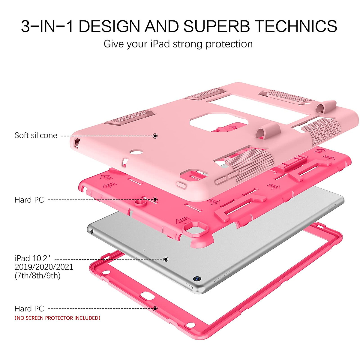 BENTOBEN for iPad 9th Generation Case, iPad 8th Generation Case, iPad 7th Gen Case, iPad 10.2 2021/2020/2019 Case, Heavy Duty 3 in 1 Rugged Shockproof Protective Stand Kids Covers, Pink/Red