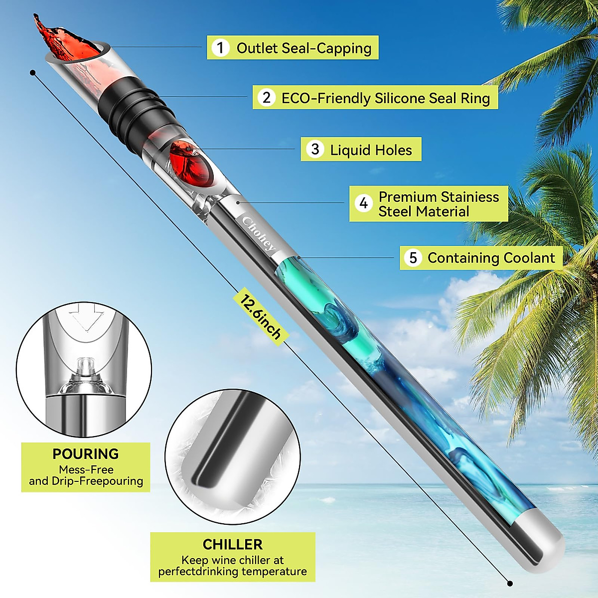 Wine Chiller - Wine Cooler Stick, 3 in 1 Stainless Steel Wine Bottle Chiller with Aerator and Pourer, The Best Holiday Gifts.