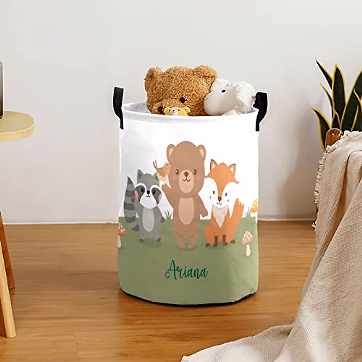 Woodland Animals Personalized Laundry Hamper Basket with Handle for Clothes Waterproof , Custom Collapsible Drawstring Basket Storage Foldable for Bathroom Toy