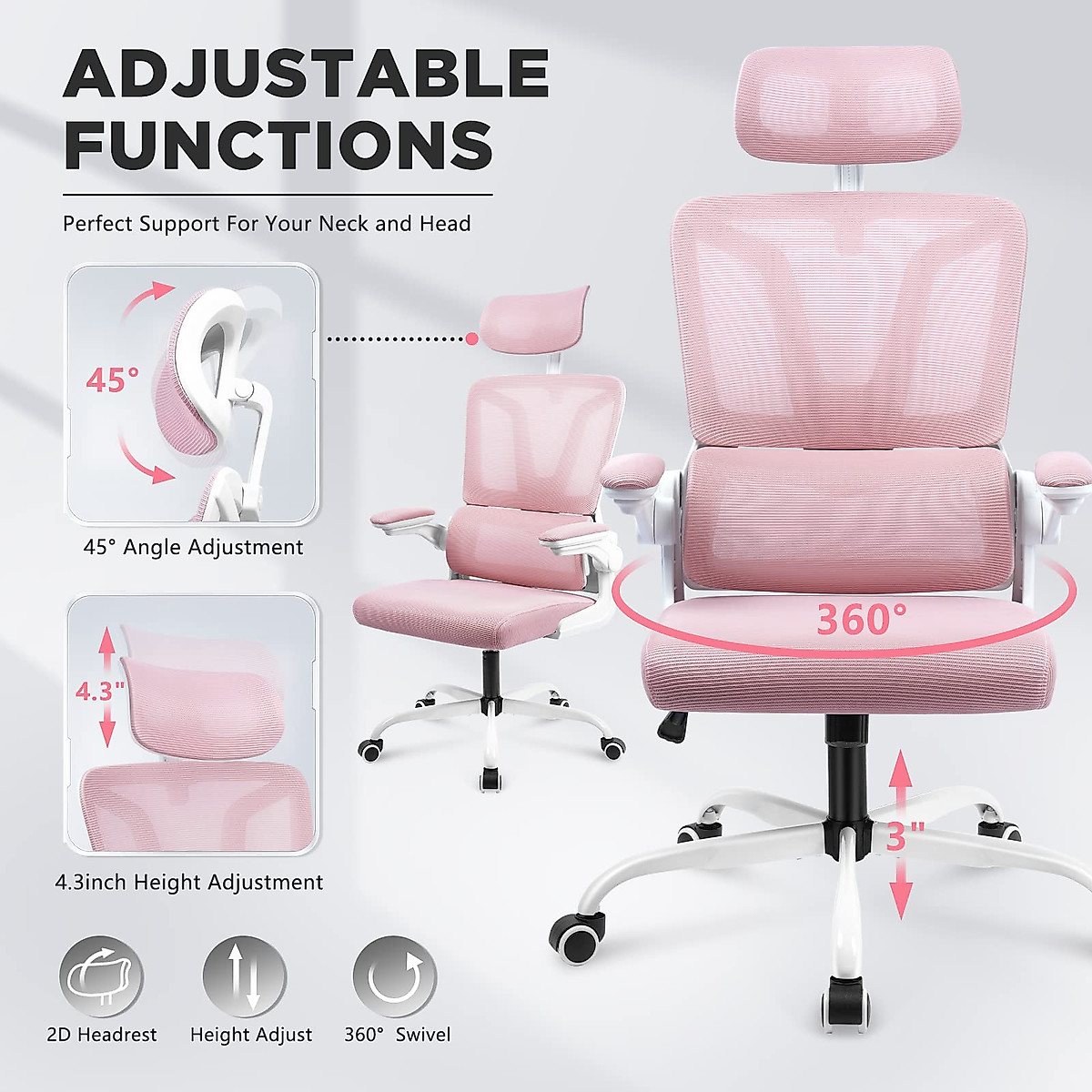 Soontrans Pink Ergonomic Office Chair with Lumbar Support Pillow, Mesh Office Chair with Adjustable Arms & Headrest, Rocking Office Desk Chair, Comfortable Ergonomic Chair