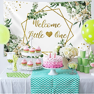 Newwiee 7 x 5 ft Greenery Baby Shower Theme Backdrop for Neutral Welcome Little One Photography Background Glitter Gold Lines Baby Shower Theme Photo Props for Gender Reveal Party