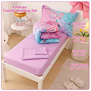 SUCHDECO 4 Pieces Toddler Bedding Set for Girls Baby Crib Bedding Set Toddler Comforter Sets with Mermaid Tails Print Blue Purple Gradient - Comforter, Fitted Sheet, Flat Sheet, Pillowcase