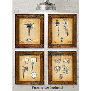 Original Tattoo Machine Patent Prints - Set of Four Photos (8x10) Unframed - Makes a Great Tattoo Artist Gift - Tattoo Shop Decor and Gift Under $20 for Tattoo Artists and Ink Fans