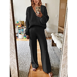 ANRABESS Women's Two Piece Outfits Sweater Sets Long Sleeve V Neck Knit Pullover and Wide Leg Pants Sweatsuit Lounge Set Black Large