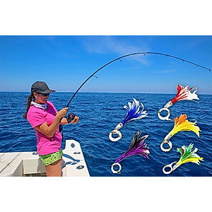 XMWangzi Trolling Feather Fishing Lures Saltwater, Fishing Tackle Deep Sea Head Octopus Trolling Skirts, Fluke Rig Squid Lures, Fishing Teasers for Marlin Tuna (5 Pcs in 5 Colors)