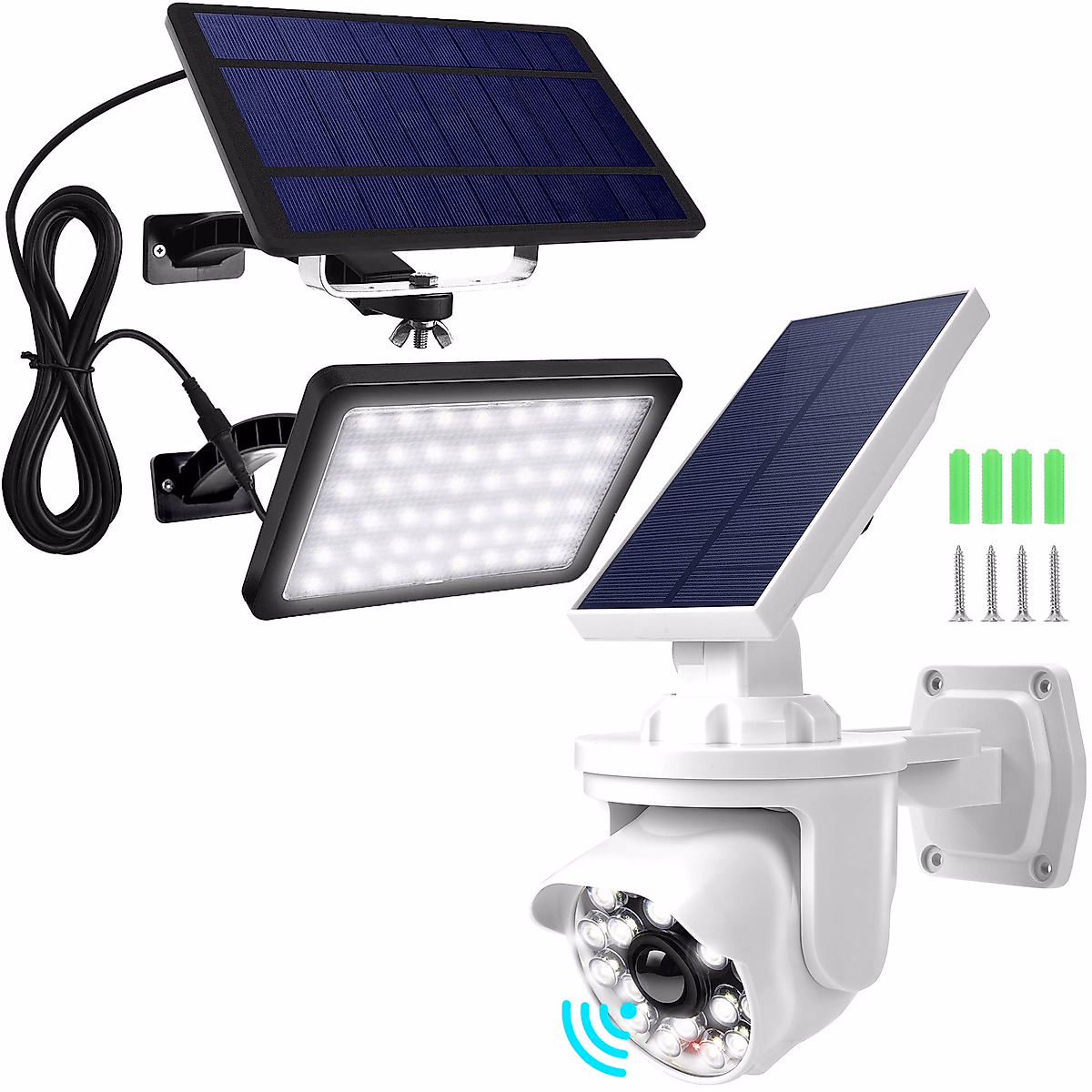 JACKYLED Bright 1000 Lumens 48 LED Solar Dusk to Dawn Light (Black) and 1800 Lumens 18 LED Solar Motion Sensor Lights Outdoor Solar Powered Spotlight for Garden Front Porch Door Barn Patio Garage