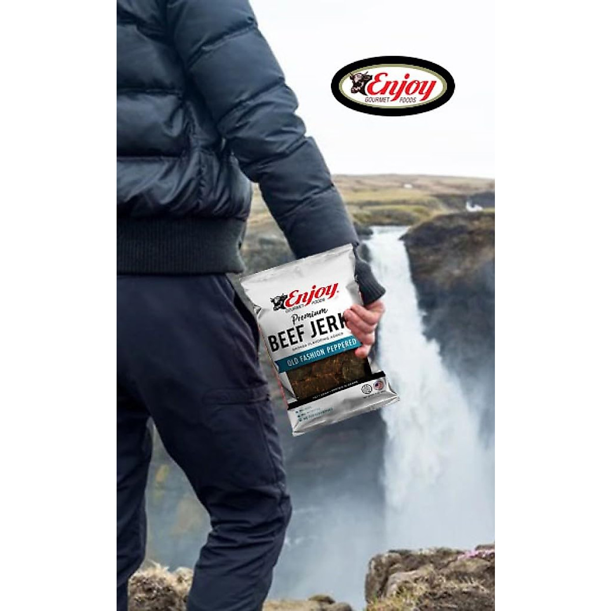 Enjoy Beef Jerky Old Fashion Peppered | 8 oz (Pack of 1) | Traditional Style | USA Made | High Protein | Low Fat | Zero Trans Fat | No Preservatives | No MSG | No Nitrites | Resealable Bag