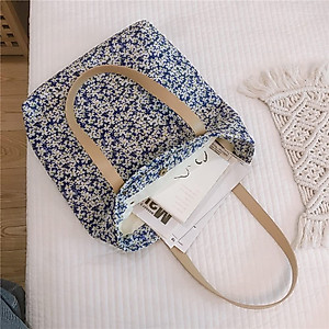 Jeelow Floral Cotton Canvas Tote Handbag with Vegan Leather Handles for Women - Lightweight Shoulder Bag Purse Snap Closure (Blue)