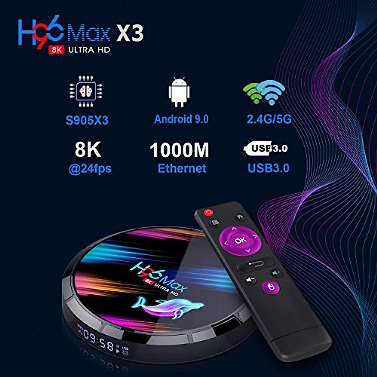 Android 9.0 TV Box Amlogic S905X3 H96 MAX X3 Android TV Box 4GB RAM 64GB ROM Dual-WiFi 2.4GHz/5GHz BT 4.0 Quad Core 64 Bits 3D/8K Full HD/H.265/USB3.0 1000M