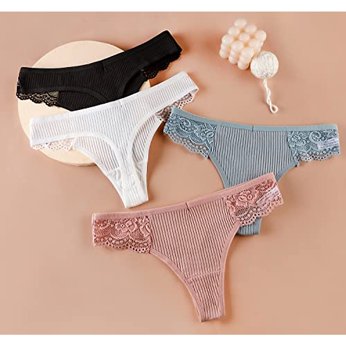 Justgoo Womens Sexy Thongs Lace Panties Underwear Cotton Low Rise Underpants Pack of 5