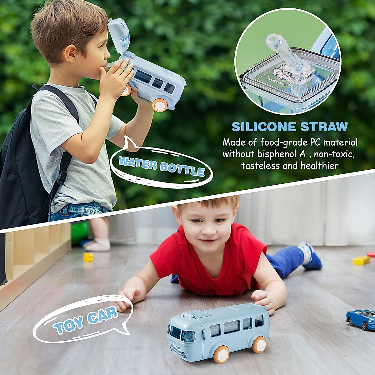 Suteng Bus Shape Car Water Bottle with Straw Lid, 16.9 Oz Portable Kid Water Cup with Shoulder Strap, Detachable, Leak-Proof, Flip Lid Cute Drinking Water Bottles for Kids (Pink)