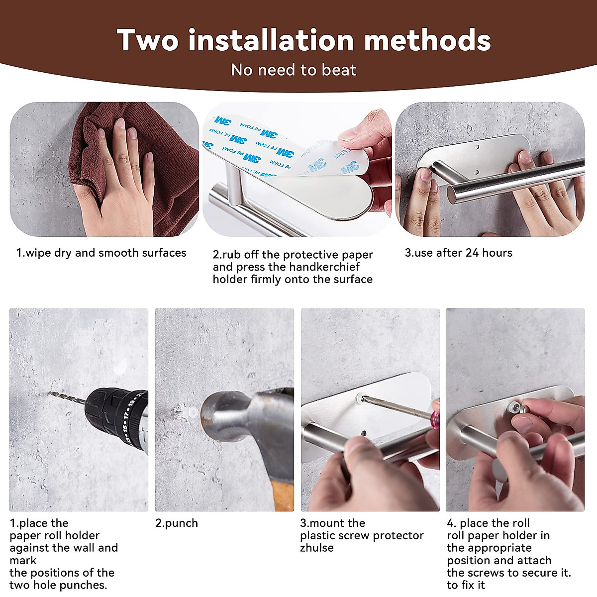 Kitchen Roll Holder Under Cabinet,Upgraded Toilet Paper Towel Holder Wall Mounted,Kitchen Towel Holder Self Adhesive or Drilling for Kitchen,Bathroom,Pantry,RV,304 Stainless Steel (Silver)