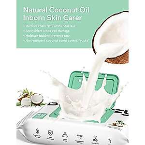 Baby Wipes, Cleansing & Moisturizing 2-in-1 Babycozy Sensitive Baby Wipes, 100% Plant Fiber & 100% Biodegradable, Hypoallergenic Baby Coconut Wipes Moisturize Every Cleanse, 240 cnt (6 pack)