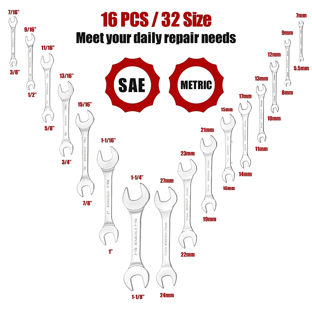 RIMKOLO Super-Thin Open End Wrench Set, 16-Piece SAE & Metric 3/8" to 1-1/4" and 5.5mm to 27mm Chrome Vanadium Steel Wrench Set with Rolling Pouch