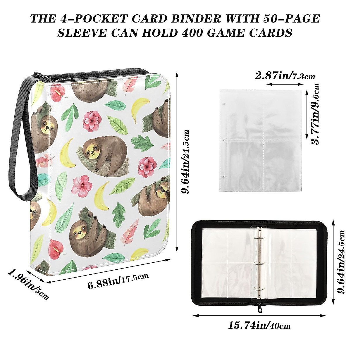 PYBUG Cute Sloth Trading Card Binder with Nylon Strap 4-Pocket Waterproof PU Leather Card Collection Binder for 400 Cards Sturdy Card Holder Folders for Game Cards,Sports Cards