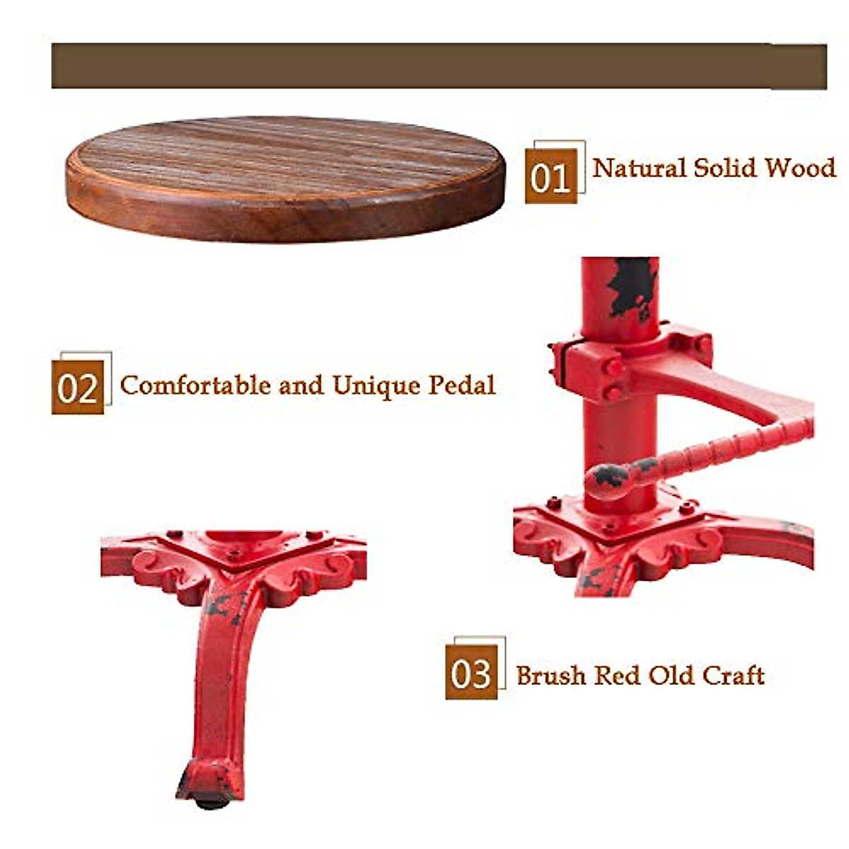 Topower Industrial Retro Vintage Farm Wooden Tractor Stool Kitchen Swivel Height Adjustable bar Stool (Antique Red)