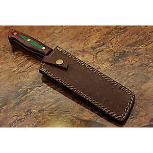 12.5" hand forged Damascus steel Nakiri knife, kitchen knife, vegetable knife, 2 tone Green & Maroon wood scale, Cow hide Leather sheath with belt loop