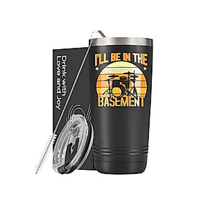 Onebttl Funny Drummer Gifts For Men, Women, Music Lover Gifts for Drummers, 20 oz/590 ml Stainless Steel Insulated Tumbler with Straw, Lid, I'll Be in the Basement