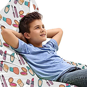 Ambesonne Colorful Lounger Chair Bag, Hand Drawn Numerous Hand Care Mascara Nail Makeup Cosmetic Products Print, High Capacity Storage with Handle Container, Lounger Size, White Multicolor
