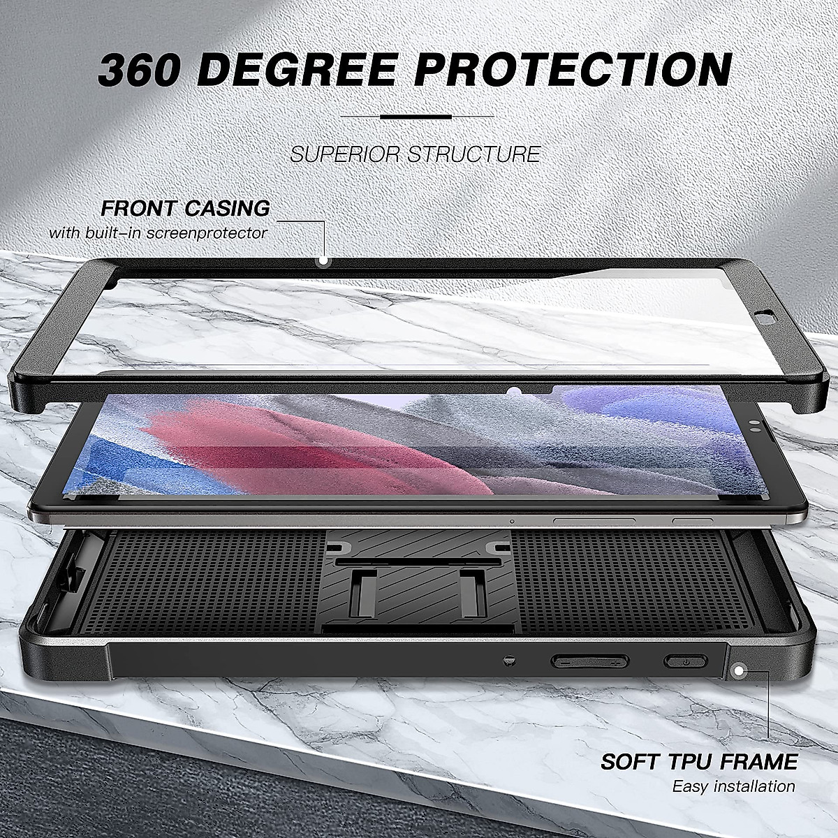 ZtotopCases Case for Samsung Galaxy Tab A7 Lite 8.7 inch 2021 Tablet (SM-T227/T225/T220), Built-in Screen Protector, Dual Layer Shockproof Full Protective Cover with Kickstand - Black