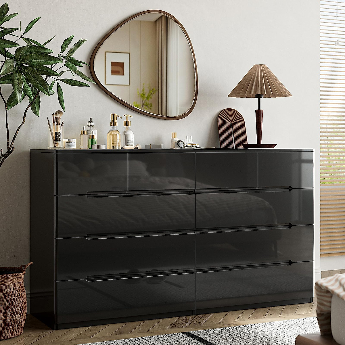 ZORPLIX Black Dresser for Bedroom, 10 Drawer Dresser, High Gloss Modern Dresser, 55" Long Dresser TV Stand, Large Double Dresser Chest of Drawers for Bedroom