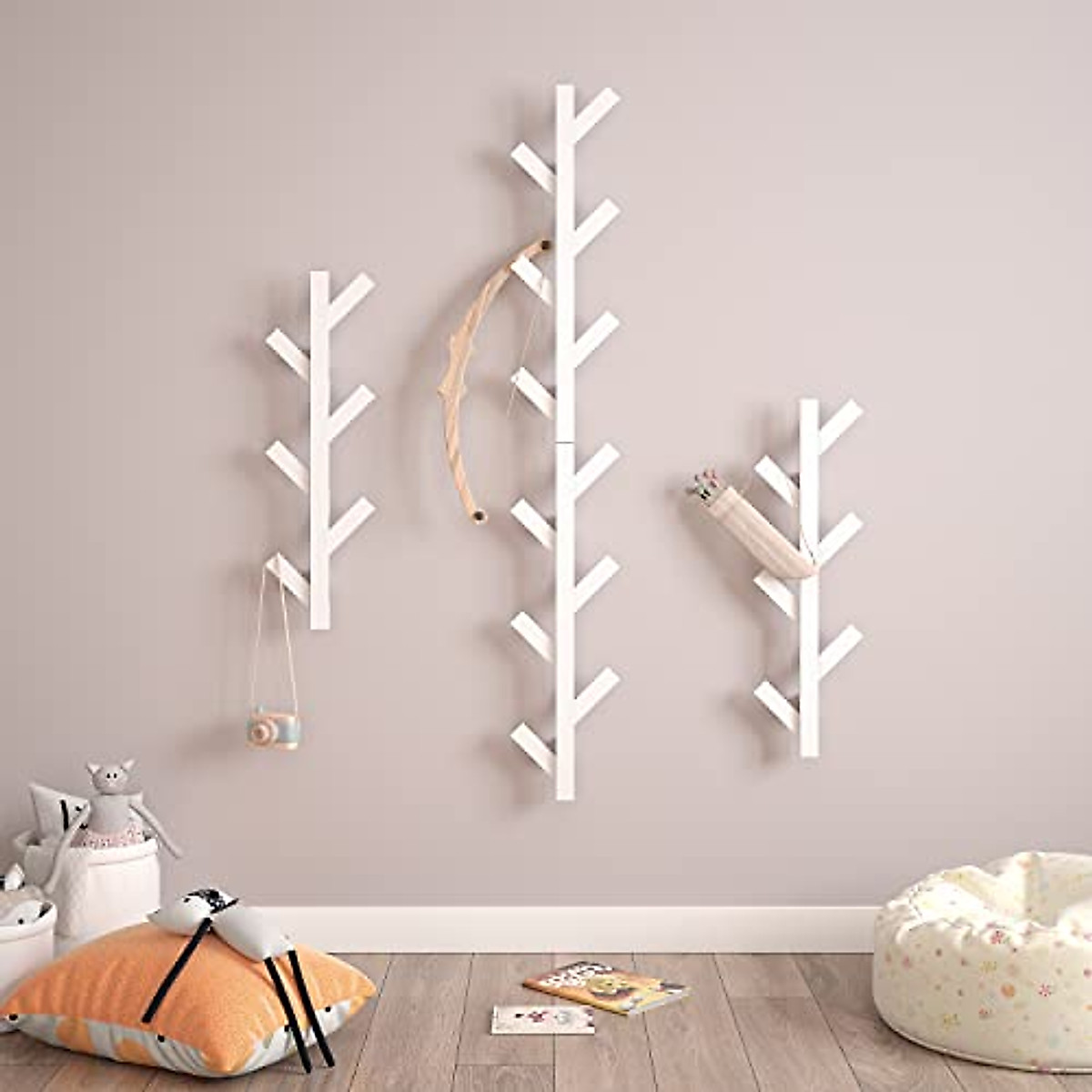 Ballucci Tree Coat Rack Wall Mounted, Wood Tree Branch Coat Hooks for Hats, Caps, Scarves, Umbrellas, Towels, Jewelry - White