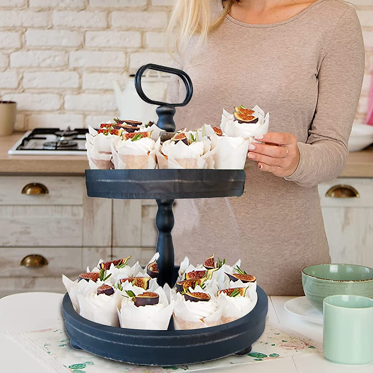 DECORIO Beautiful Tiered Tray Black Slighly Distressed, Two Tiered Wood Decorative Tray - Tiered Tray Stand - Two Tier Tray Tiered Tray Decor - 2 Tier Tray Tiered Serving Tray - Spring Decor 17"