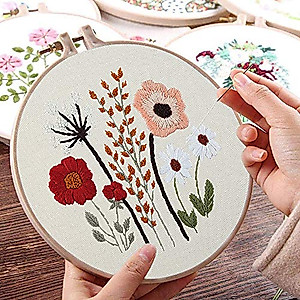 Uphome 3 Pack Embroidery Starter Kit for Beginners Stamped Cross Stitch Kits with Cute Flowers and Plants Patterns with 1 Embroidery Hoop and Color Threads for Adults Kids