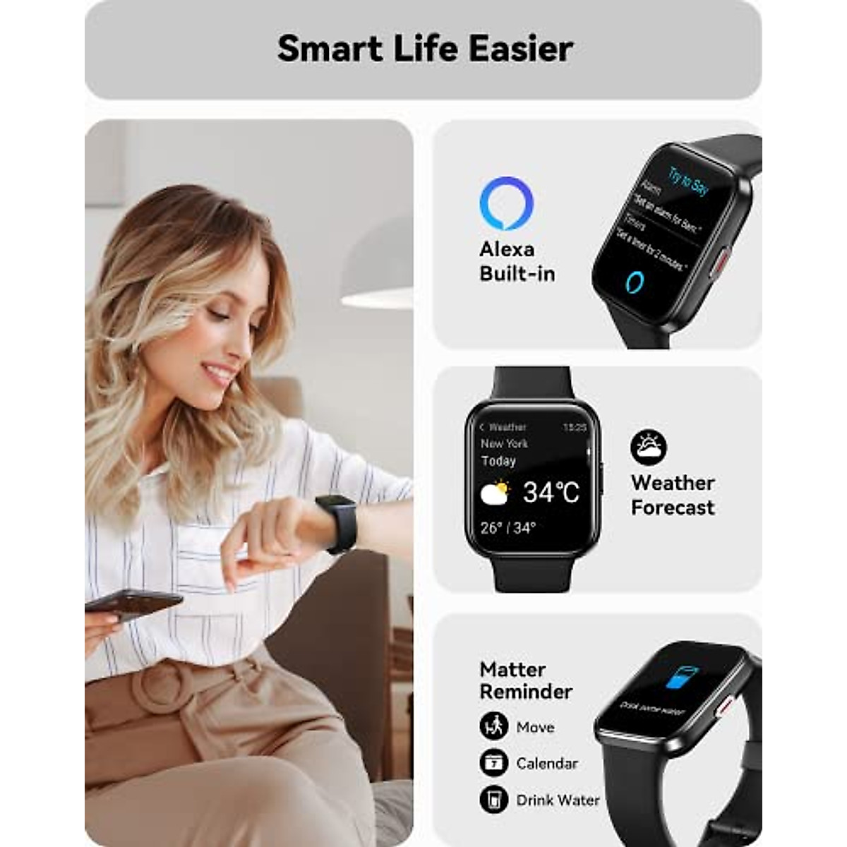 Smart Watch for Men Women(Answer/Make Call), Alexa Built-in,1.7'Fitness Watch with Heart Rate SpO2 Sleep Monitor 60 Sports IP68 Waterproof Activity Trackers and Smartwatches for iPhone Android Phones